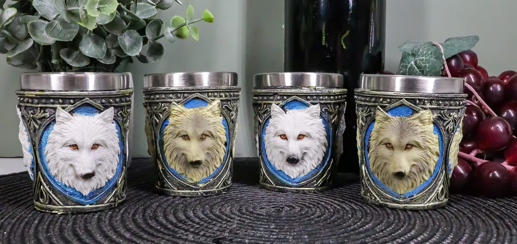 Ebros Myths Legends And Fantasy Spirit Themed 2-Ounce Shot Glasses Set Of 4 Resin Housing With Stainless Steel Liners Great Souvenir And Party Hosting Idea (Albino And Gray Wolf)