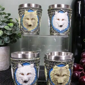 Ebros Myths Legends And Fantasy Spirit Themed 2-Ounce Shot Glasses Set Of 4 Resin Housing With Stainless Steel Liners Great Souvenir And Party Hosting Idea (Albino And Gray Wolf)