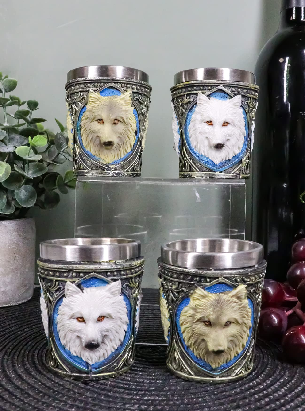 Ebros Myths Legends And Fantasy Spirit Themed 2-Ounce Shot Glasses Set Of 4 Resin Housing With Stainless Steel Liners Great Souvenir And Party Hosting Idea (Albino And Gray Wolf)