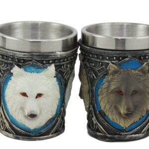 Ebros Myths Legends And Fantasy Spirit Themed 2-Ounce Shot Glasses Set Of 4 Resin Housing With Stainless Steel Liners Great Souvenir And Party Hosting Idea (Albino And Gray Wolf)