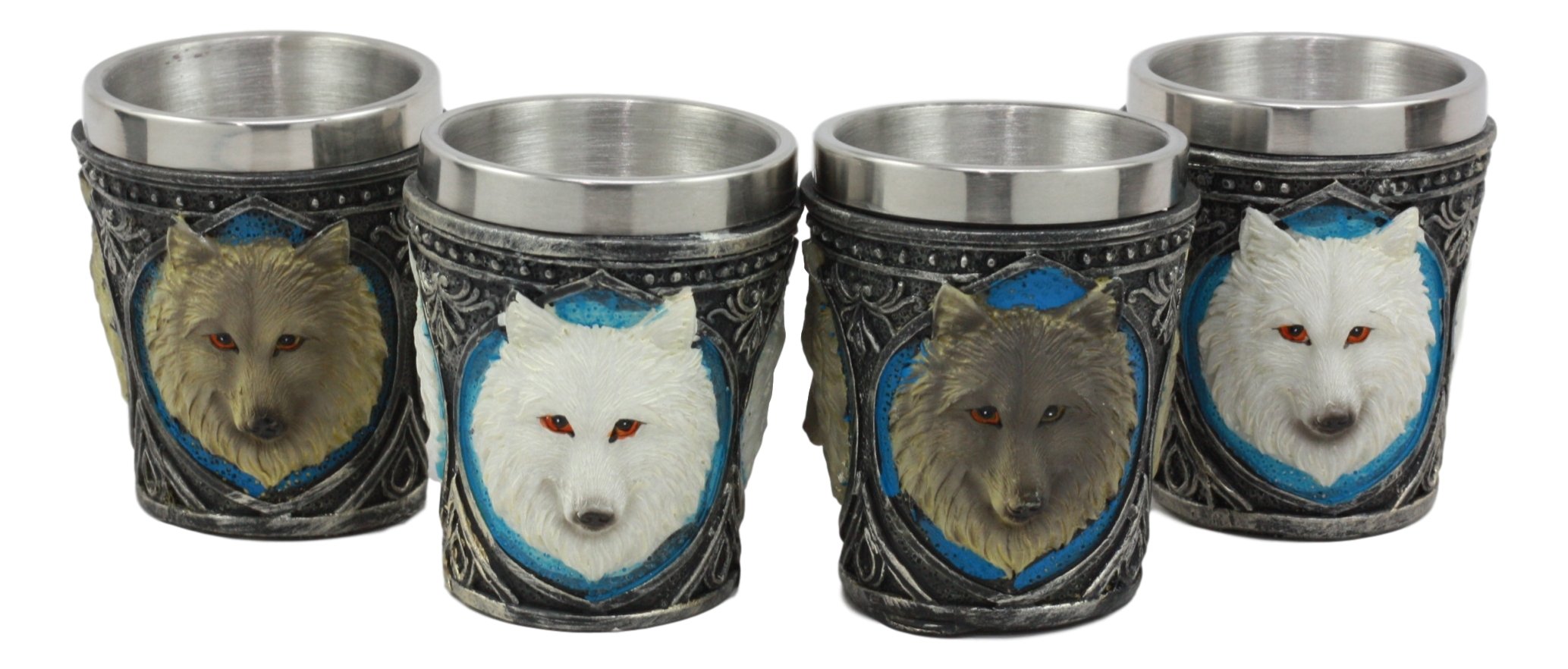 Ebros Myths Legends And Fantasy Spirit Themed 2-Ounce Shot Glasses Set Of 4 Resin Housing With Stainless Steel Liners Great Souvenir And Party Hosting Idea (Albino And Gray Wolf)