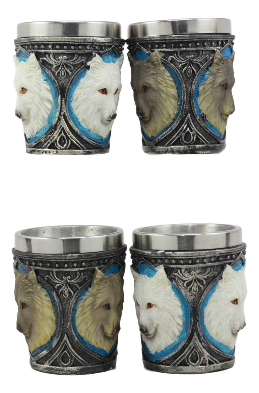 Ebros Myths Legends And Fantasy Spirit Themed 2-Ounce Shot Glasses Set Of 4 Resin Housing With Stainless Steel Liners Great Souvenir And Party Hosting Idea (Albino And Gray Wolf)