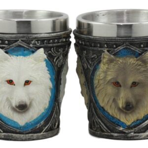 Ebros Myths Legends And Fantasy Spirit Themed 2-Ounce Shot Glasses Set Of 4 Resin Housing With Stainless Steel Liners Great Souvenir And Party Hosting Idea (Albino And Gray Wolf)