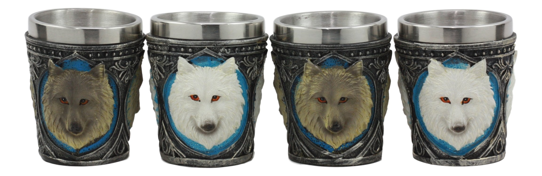 Ebros Myths Legends And Fantasy Spirit Themed 2-Ounce Shot Glasses Set Of 4 Resin Housing With Stainless Steel Liners Great Souvenir And Party Hosting Idea (Albino And Gray Wolf)