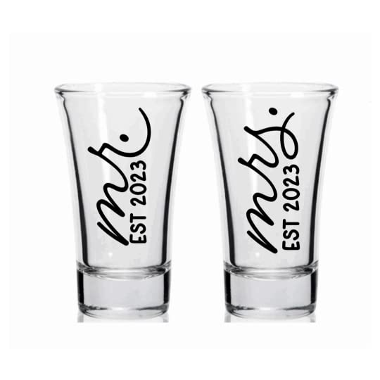 Jemley Mr. and Mrs. Est 2023 Shot Glasses Bride and Groom Shot Glasses Wedding Shot Glasses 2oz Shot Glasses Set of Two Mr. and Mrs. Engagement Present Wedding Shot Glasses | Bridal Shower Gift