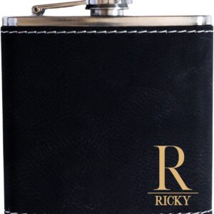 Personalized Flask For Wedding Gift. Customized Flask Gift Set. Engraved Leatherette Flask With Optional Gift Box For Groomsmen Gifts. Engraved Flask (Black & Gold)