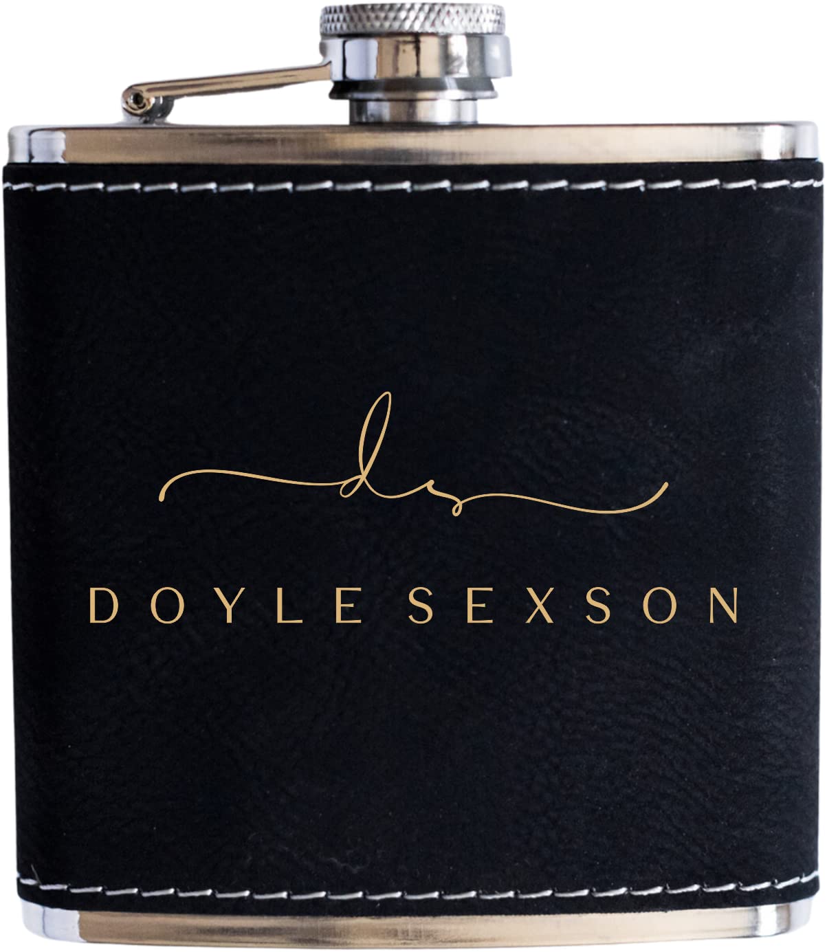 Personalized Flask For Wedding Gift. Customized Flask Gift Set. Engraved Leatherette Flask With Optional Gift Box For Groomsmen Gifts. Engraved Flask (Black & Gold)