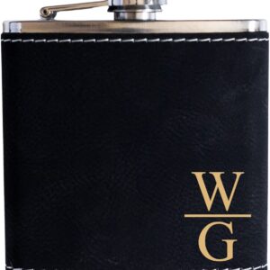 Personalized Flask For Wedding Gift. Customized Flask Gift Set. Engraved Leatherette Flask With Optional Gift Box For Groomsmen Gifts. Engraved Flask (Black & Gold)