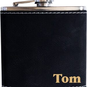 Personalized Flask For Wedding Gift. Customized Flask Gift Set. Engraved Leatherette Flask With Optional Gift Box For Groomsmen Gifts. Engraved Flask (Black & Gold)