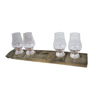 bourbon barrel stave flight board with four glencairn glasses