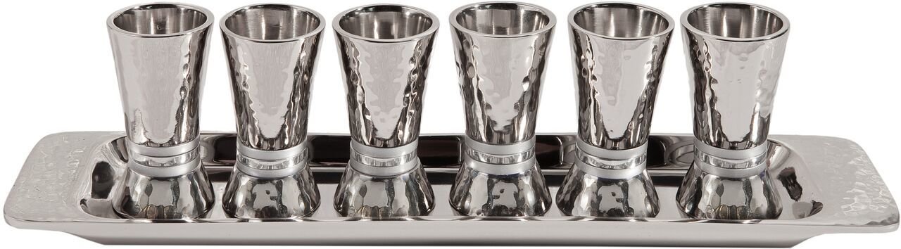 Liquor Cup Set of 6 Hammered Nickel Cone Shaped Designed with Colored Rings (Silver Rings)