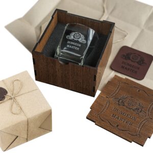 Dungeons Master gift, Whisky Glass with Gift wooden Box, full-grain leather coaster, dungeons and dragons gifts for men and women unique. Dungeons and dragons whiskey glasses