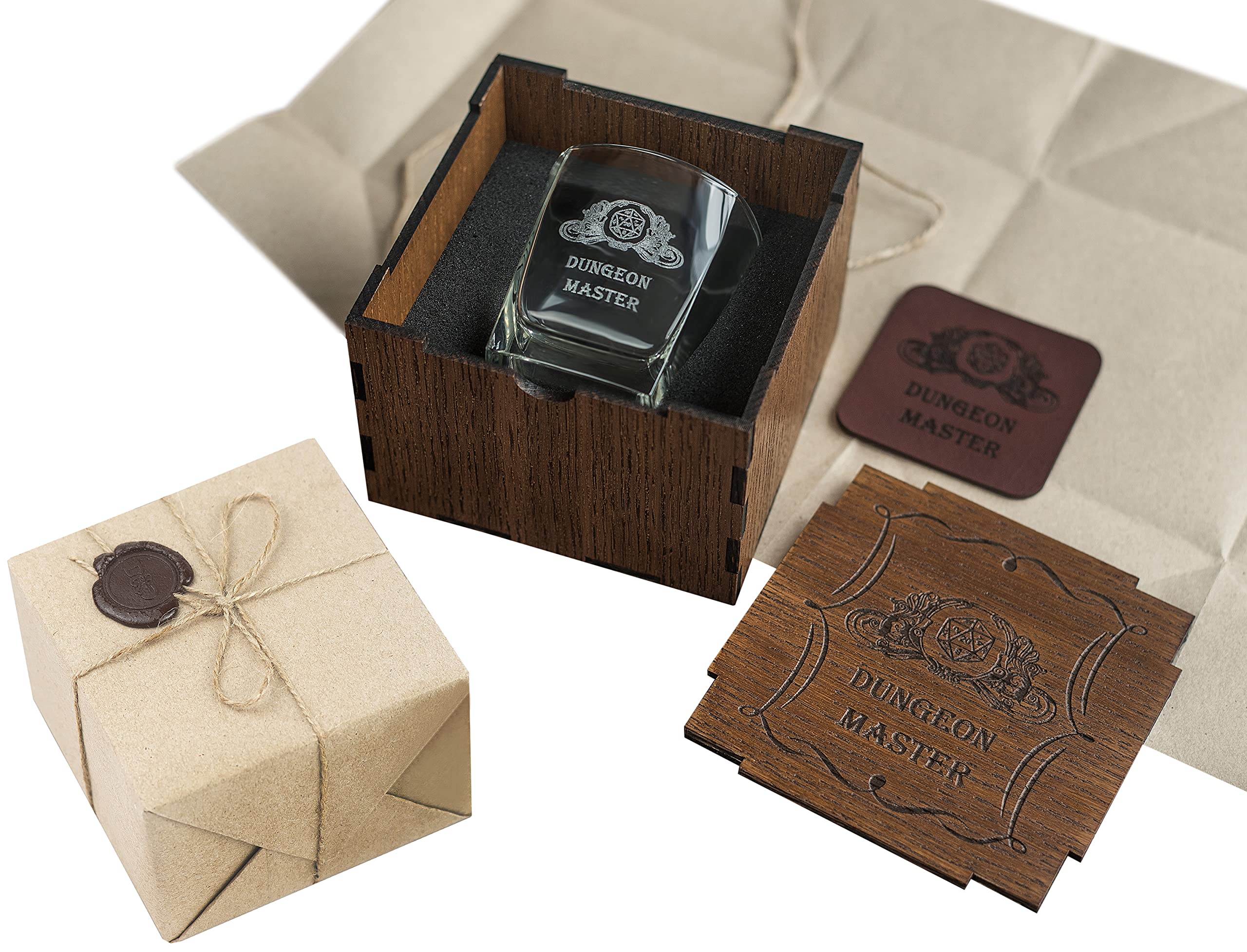 Dungeons Master gift, Whisky Glass with Gift wooden Box, full-grain leather coaster, dungeons and dragons gifts for men and women unique. Dungeons and dragons whiskey glasses