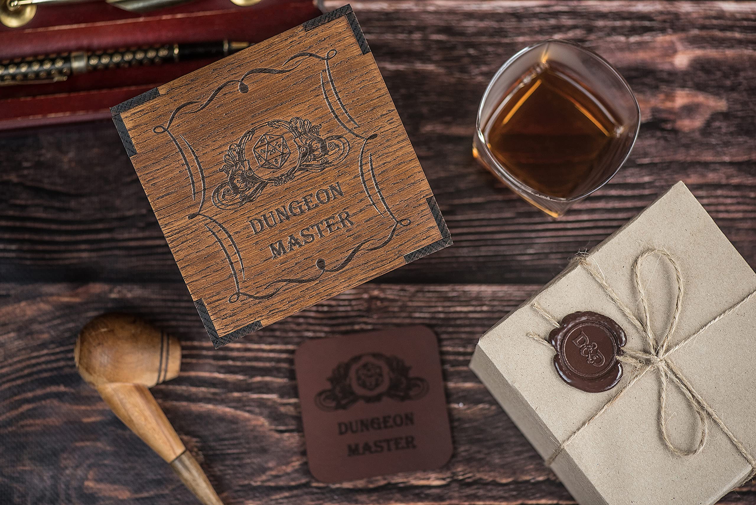 Dungeons Master gift, Whisky Glass with Gift wooden Box, full-grain leather coaster, dungeons and dragons gifts for men and women unique. Dungeons and dragons whiskey glasses