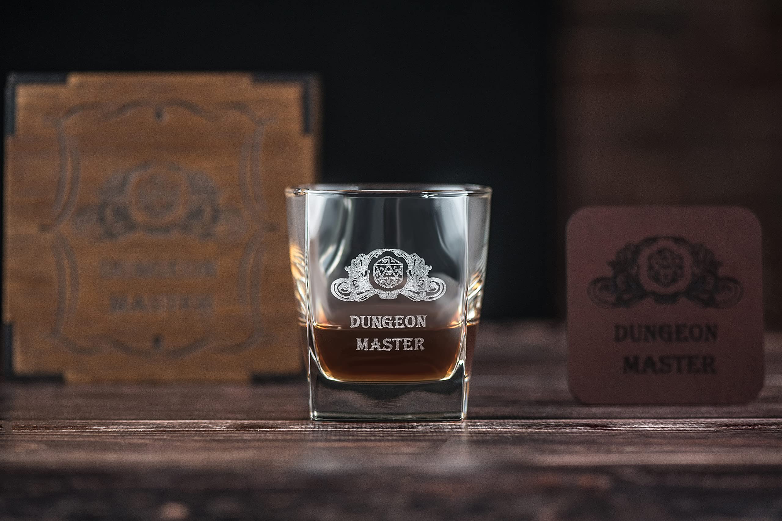 Dungeons Master gift, Whisky Glass with Gift wooden Box, full-grain leather coaster, dungeons and dragons gifts for men and women unique. Dungeons and dragons whiskey glasses