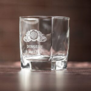 Dungeons Master gift, Whisky Glass with Gift wooden Box, full-grain leather coaster, dungeons and dragons gifts for men and women unique. Dungeons and dragons whiskey glasses