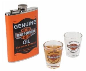 harley-davidson genuine oil can hip flask & shot glass gift set, hdl-18557