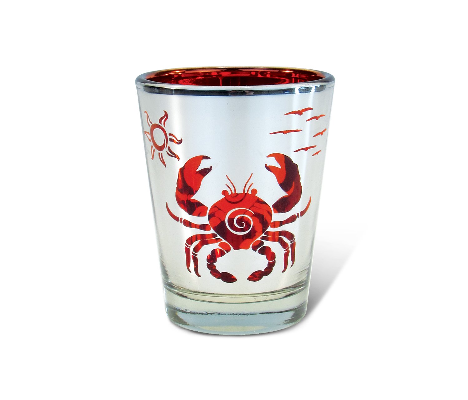 Puzzled Red & Silver Crab Shot Glass 1.7 Oz Quality Glassware for Bar Collection Novelty Liquor/Spirits Drinking Glass - Marine Life Beach Animal Nautical Theme