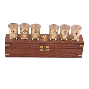 brass tequila shot glass with anchor monogram in handmade wooden box – six glass set