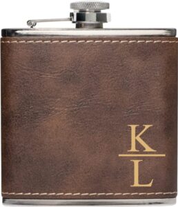 personalized flask for wedding gift. customized flask gift set. engraved leatherette flask with optional gift box for groomsmen gifts. engraved flask (rustic & gold)