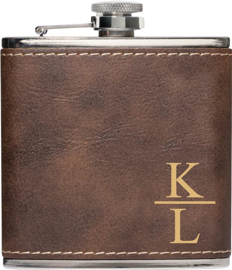 Personalized Flask For Wedding Gift. Customized Flask Gift Set. Engraved Leatherette Flask With Optional Gift Box For Groomsmen Gifts. Engraved Flask (Rustic & Gold)