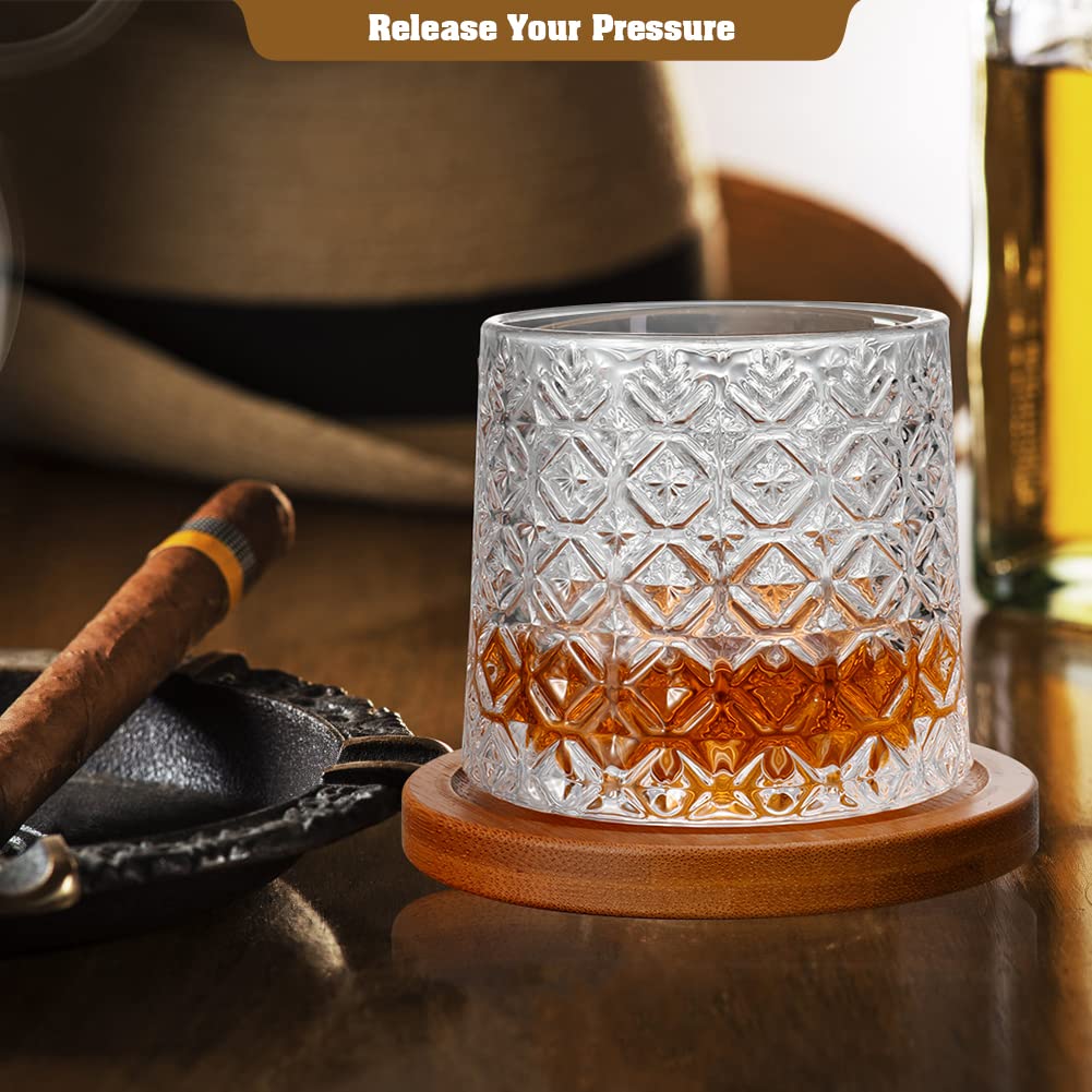 WICHBEEN Crystal Whiskey glasses,Rotatable 10 Oz old fashioned whiskey glasses,bar whiskey glasses,style glassware for bourbon,perfect Idea for scotch lovers,glasses for scotch, rum,Ice flower