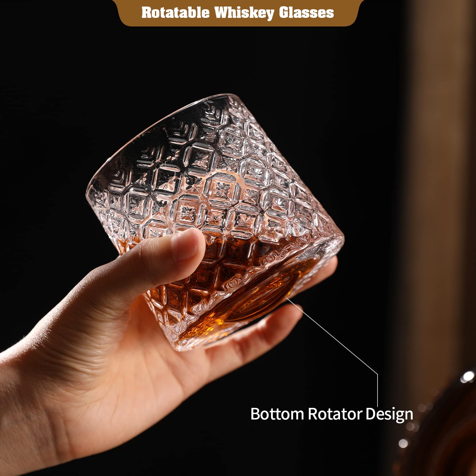 WICHBEEN Crystal Whiskey glasses,Rotatable 10 Oz old fashioned whiskey glasses,bar whiskey glasses,style glassware for bourbon,perfect Idea for scotch lovers,glasses for scotch, rum,Ice flower