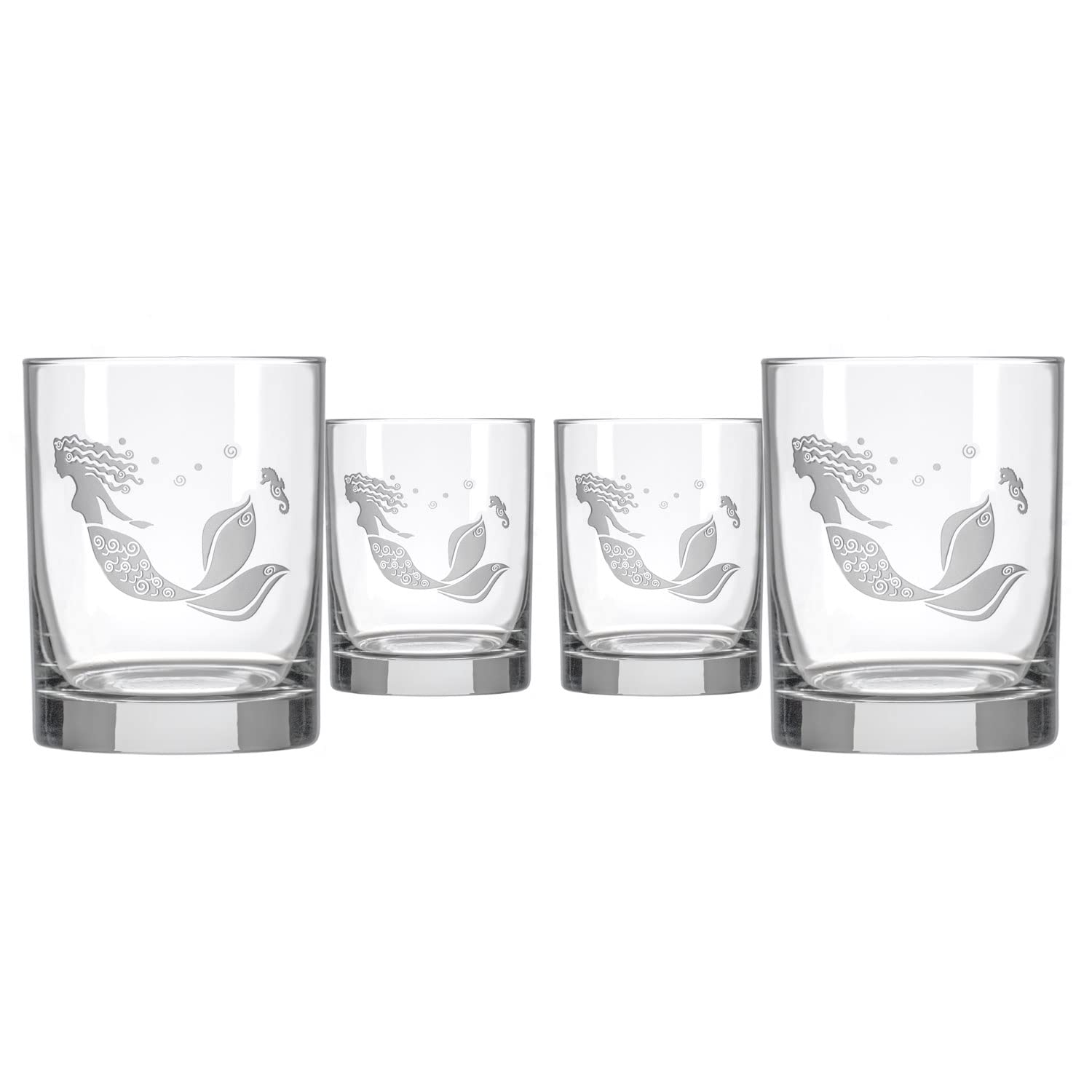 Rolf Glass Mermaid Double Old Fashioned Glass 13 ounce - Whiskey Glass Set of 4 – Lead-Free Glass - Etched Whiskey Tumbler Glasses - Made in the USA