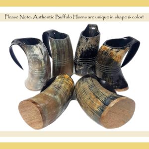 Authentic Handcrafted Buffalo-Horn Viking Drinking Mug With Natural Mango Wood Bottom 16.9 oz (500 ml) |Shot Glass 3" | Burlap Gift Sack | Fenrir Keychain |All Engraved |An Elegant Gift-Set (Polished)