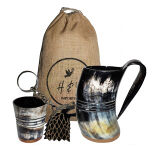 Authentic Handcrafted Buffalo-Horn Viking Drinking Mug With Natural Mango Wood Bottom 16.9 oz (500 ml) |Shot Glass 3" | Burlap Gift Sack | Fenrir Keychain |All Engraved |An Elegant Gift-Set (Polished)