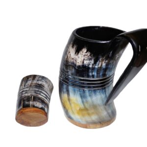 Authentic Handcrafted Buffalo-Horn Viking Drinking Mug With Natural Mango Wood Bottom 16.9 oz (500 ml) |Shot Glass 3" | Burlap Gift Sack | Fenrir Keychain |All Engraved |An Elegant Gift-Set (Polished)