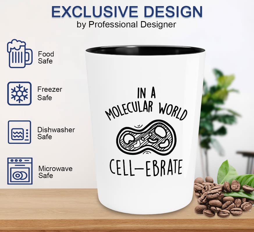 Flairy Land Biologist Shot Glass 1.5oz - In the molecular world we cell-ebrate - Scientist Naturalist Zoologist Ecologist Geneticist Organism Cells Botanist Microbiology