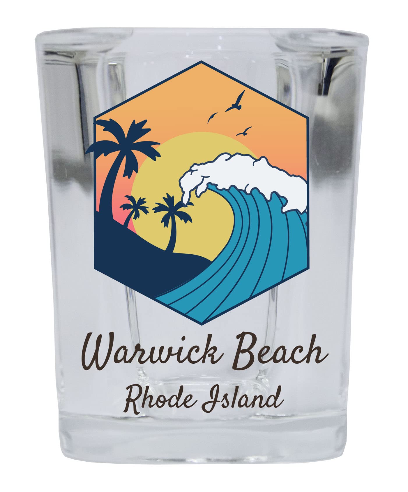 R and R Imports Warwick Beach Rhode Island Souvenir 2 Ounce Square Base Shot Glass Wave Design Single