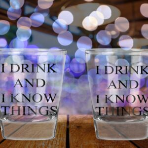 AW Fashions I Drink and I Know Things - Funny Parody Party Shot Glass - 2 Pack Set of Shot Glasses Bachelorette Bachelor Game