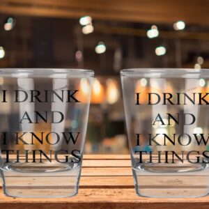 AW Fashions I Drink and I Know Things - Funny Parody Party Shot Glass - 2 Pack Set of Shot Glasses Bachelorette Bachelor Game