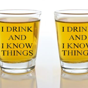 AW Fashions I Drink and I Know Things - Funny Parody Party Shot Glass - 2 Pack Set of Shot Glasses Bachelorette Bachelor Game