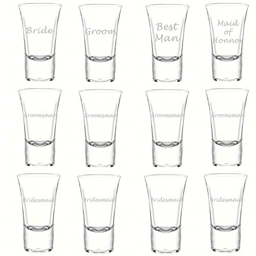 Etched Glass Wedding Party Shot Glasses (1 dz), 1.75oz LORD Style Shooter Shot Glass, Custom Laser Engraved Groomsman and Bridesmaid Favor Gift