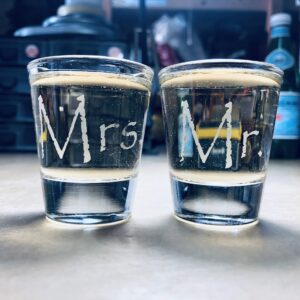 s125 1.5oz shot glass set wifey hubby combo set. wife and husband. his hers, bride groom. whiskey shot hard liquor wine glass