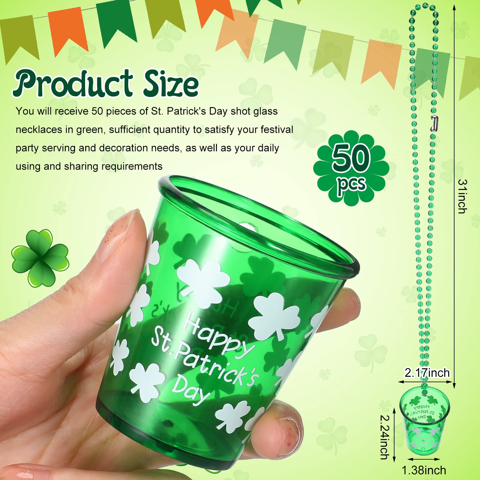 Cunno 50 Pieces St. Patrick's Day Shot Glass on Beaded Necklace Shamrock Plastic Shot Cup Necklace White Green Shot Glass Necklaces for Festival Parade Bachelorette Wedding Birthday Party Favors