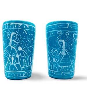 casa fiesta designs colorful mexican shot glasses, hand-painted in mexico - great for tequila, mezcal and sangrita, 2 oz - tequilero historias (pack of 2) (turquoise)