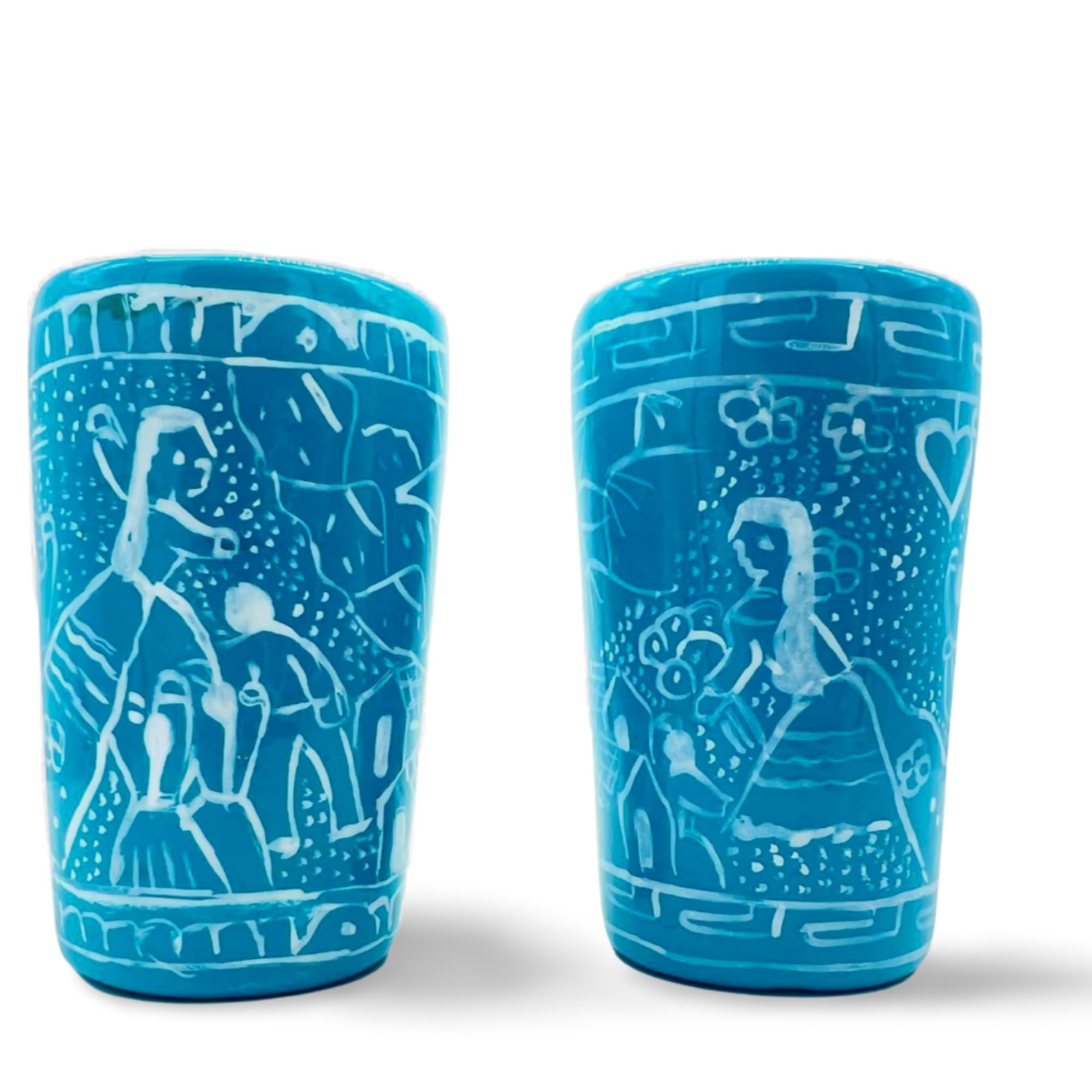 Casa Fiesta Designs Colorful Mexican Shot Glasses, Hand-painted in Mexico - Great for Tequila, Mezcal and Sangrita, 2 oz - Tequilero Historias (Pack of 2) (Turquoise)