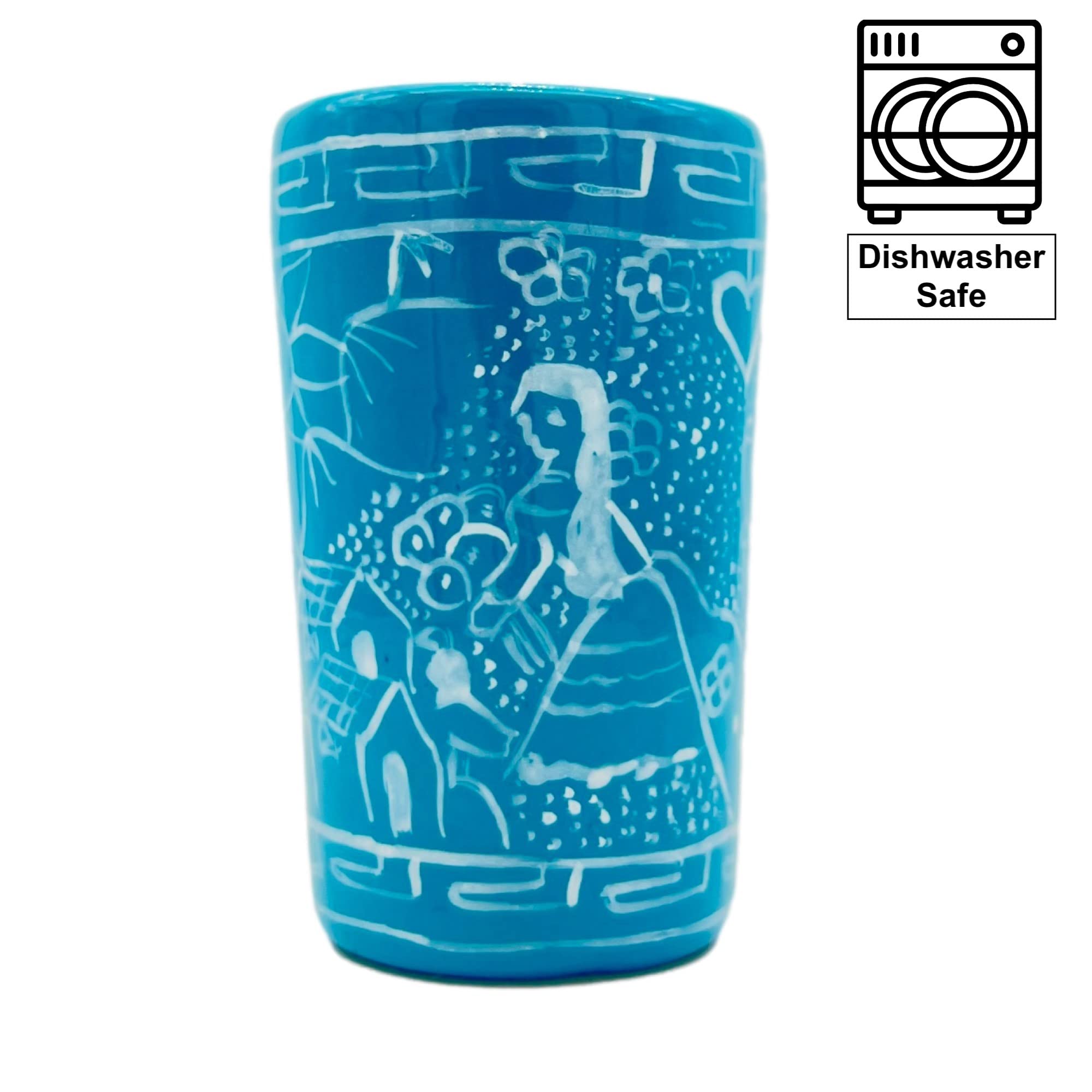 Casa Fiesta Designs Colorful Mexican Shot Glasses, Hand-painted in Mexico - Great for Tequila, Mezcal and Sangrita, 2 oz - Tequilero Historias (Pack of 2) (Turquoise)