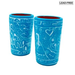 Casa Fiesta Designs Colorful Mexican Shot Glasses, Hand-painted in Mexico - Great for Tequila, Mezcal and Sangrita, 2 oz - Tequilero Historias (Pack of 2) (Turquoise)