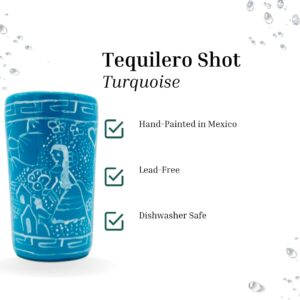 Casa Fiesta Designs Colorful Mexican Shot Glasses, Hand-painted in Mexico - Great for Tequila, Mezcal and Sangrita, 2 oz - Tequilero Historias (Pack of 2) (Turquoise)