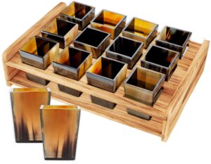 viking culture horn shot glasses - authentic medieval and nordic-inspired drinkware with wooden serving and storage tray - handmade drinking set - perfect for parties, collection and gift