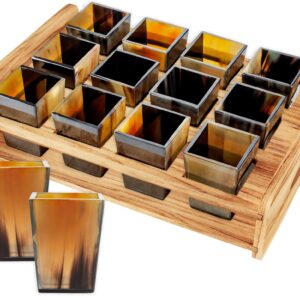 Viking Culture Horn Shot Glasses - Authentic Medieval and Nordic-Inspired Drinkware with Wooden Serving and Storage Tray - Handmade Drinking Set - Perfect for Parties, Collection and Gift