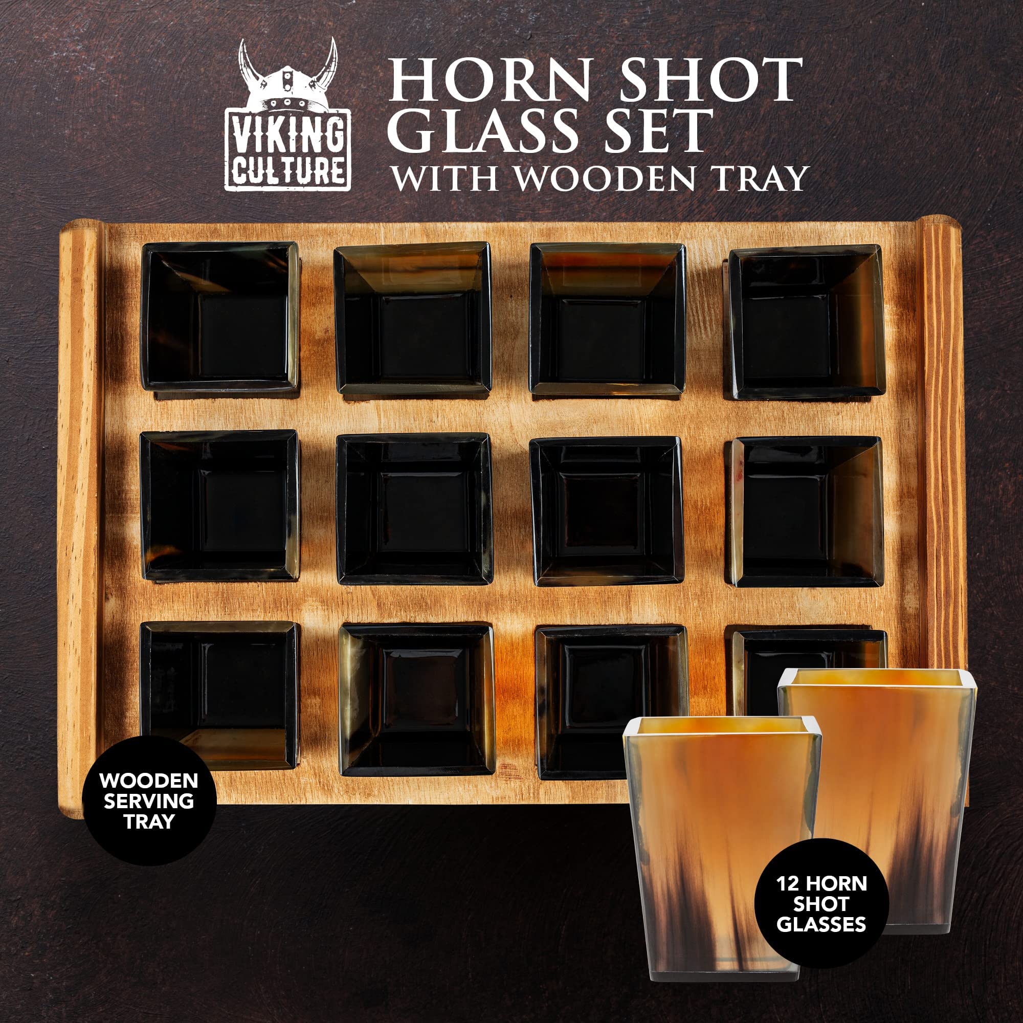 Viking Culture Horn Shot Glasses - Authentic Medieval and Nordic-Inspired Drinkware with Wooden Serving and Storage Tray - Handmade Drinking Set - Perfect for Parties, Collection and Gift