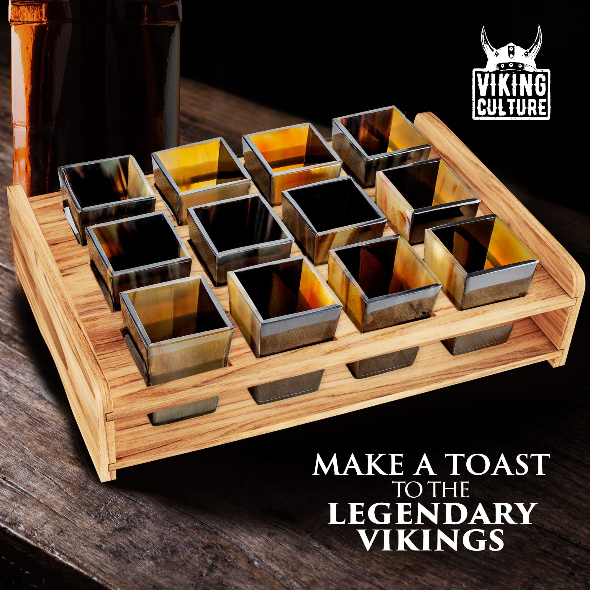 Viking Culture Horn Shot Glasses - Authentic Medieval and Nordic-Inspired Drinkware with Wooden Serving and Storage Tray - Handmade Drinking Set - Perfect for Parties, Collection and Gift