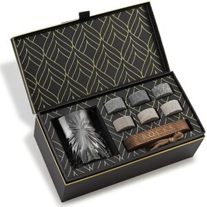 whiskey stones & old fashioned cocktail glass gift set - 6 handcrafted granite round chilling rocks - crystal soleil whiskey glasses (11oz) - hardwood presentation tray - gold foil box