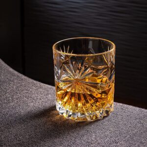 Whiskey Stones & Old Fashioned Cocktail Glass Gift Set - 6 Handcrafted Granite Round Chilling Rocks - Crystal Soleil Whiskey Glasses (11oz) - Hardwood Presentation Tray - Gold Foil Box